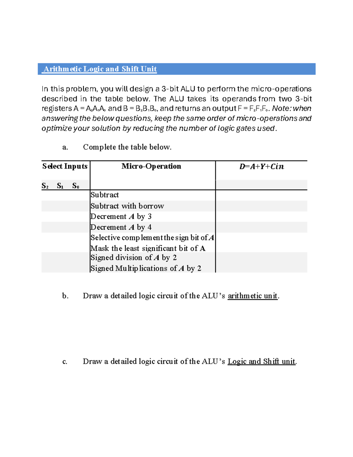 ALU Design Exercise - Logic & Shift Unit Analysis - Studocu