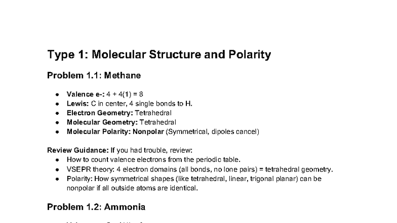 Practice Test Sample for Chem 1031: Molecular Structure & Polarity ...