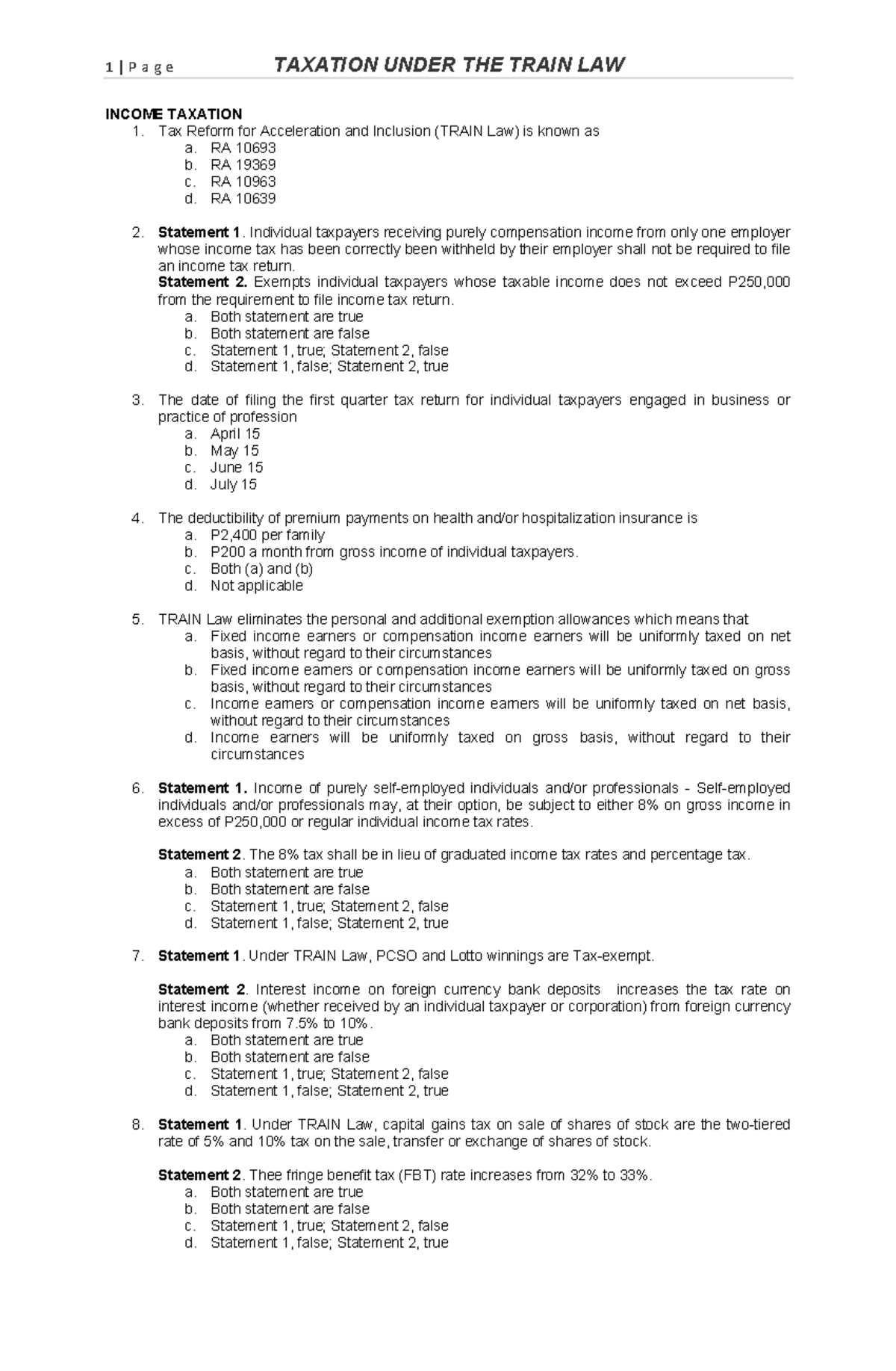 INCOME TAXATION Exam 2019: Questions and Answers on TRAIN Law - Studocu