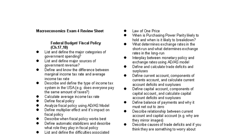 Macroeconomics Exam 4 Review: Fiscal Policy & International Trade (Ch ...