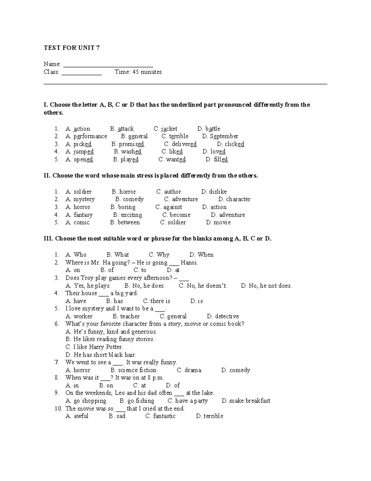 TEST UNIT 7 - Grade 6 Assessment Questions - Studocu