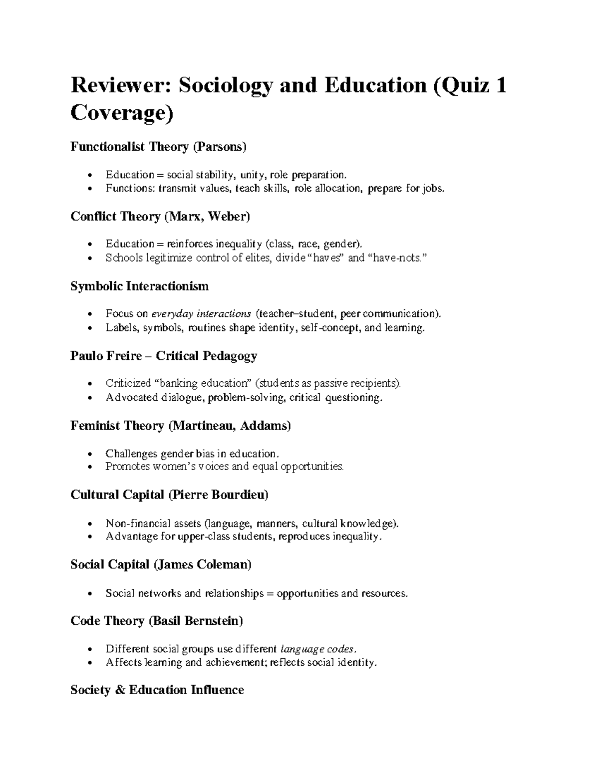 Sociology and Education (Quiz 1) Review: Theories and Concepts - Studocu