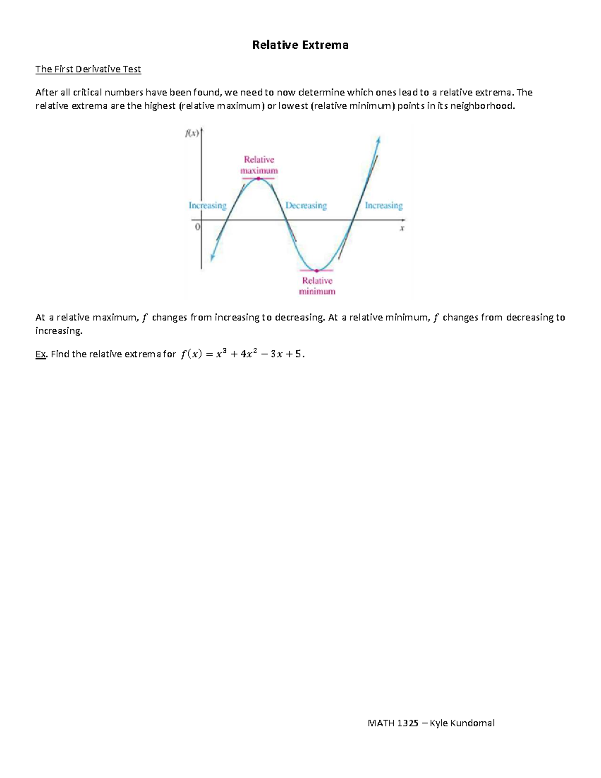 MATH 1325 Lecture: Relative Extrema and First Derivative Test - Studocu