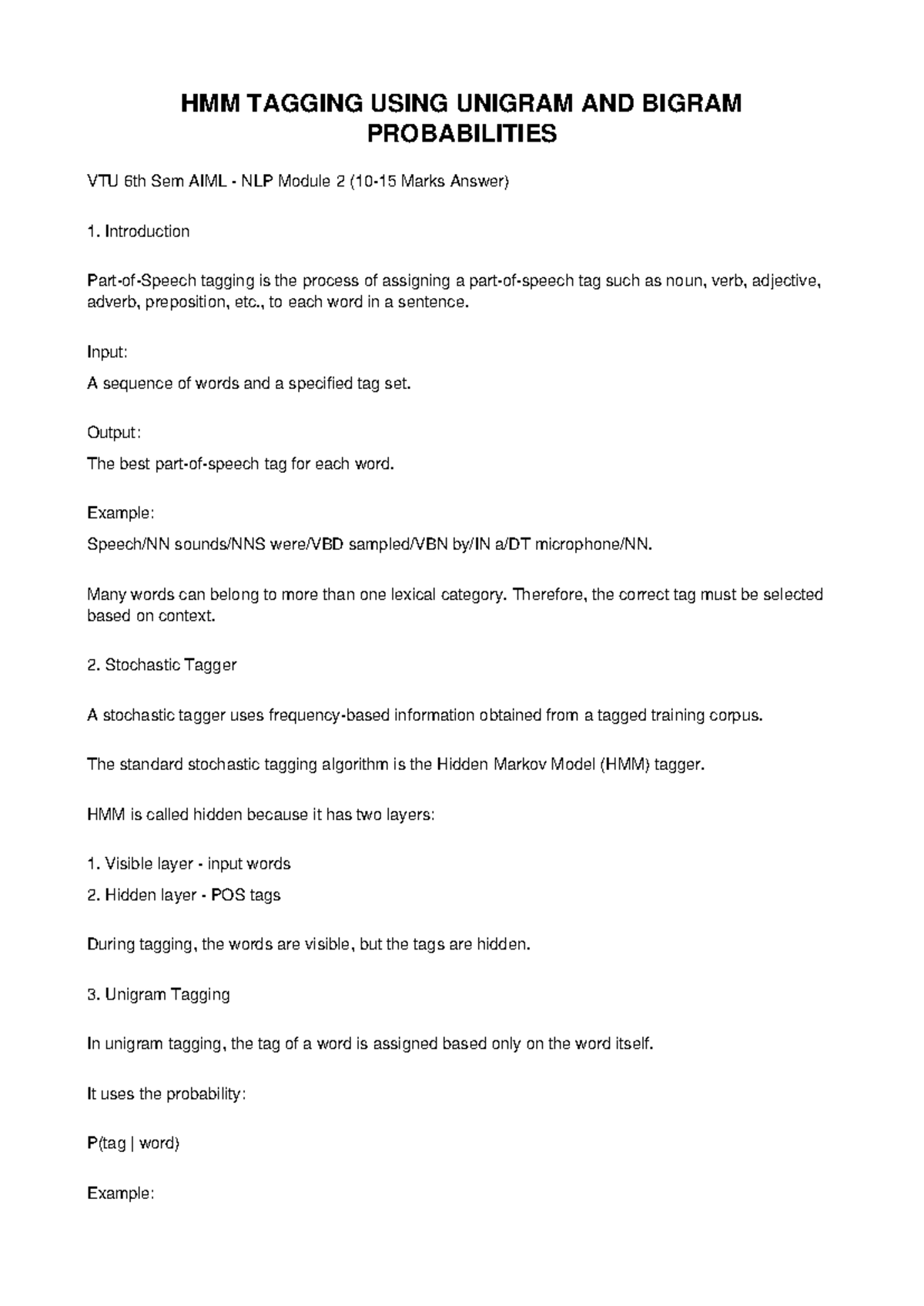 HMM Tagging Using Unigram & Bigram Probabilities - VTU 6th Sem AIML ...