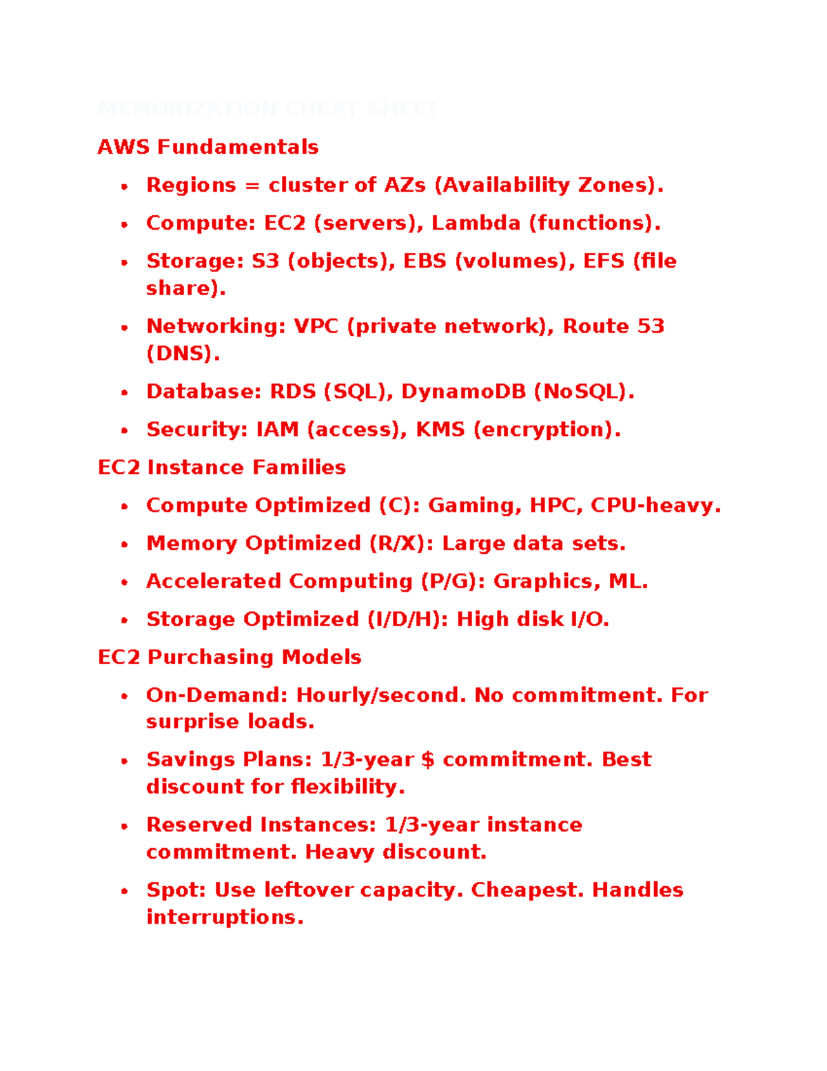 AWS Fundamentals Cheat Sheet: Regions, AZs, EC2, and More - Studocu