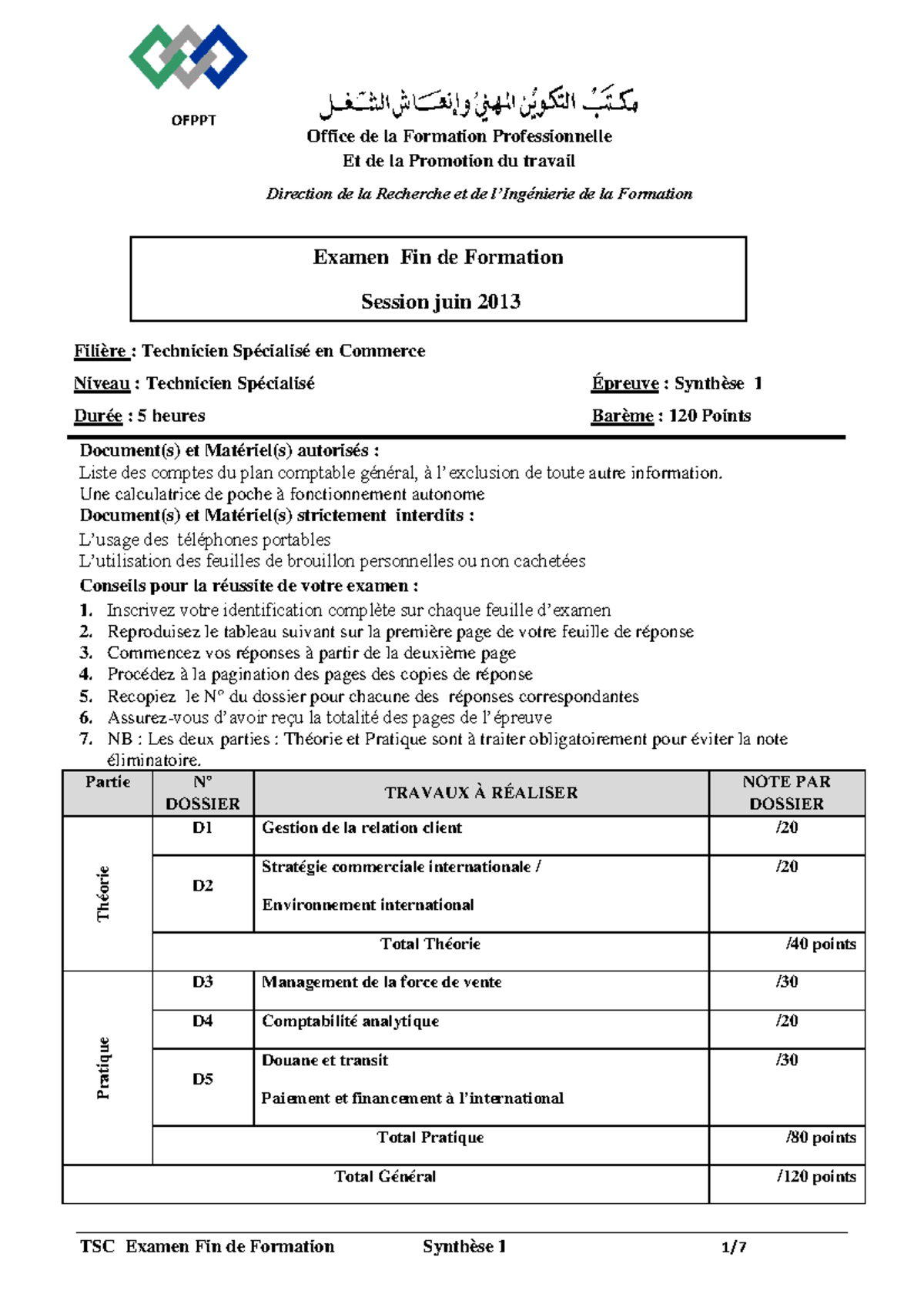 TSC Examen Fin de Formation Synthèse 1 (2013-2021) : Stratégies et ...
