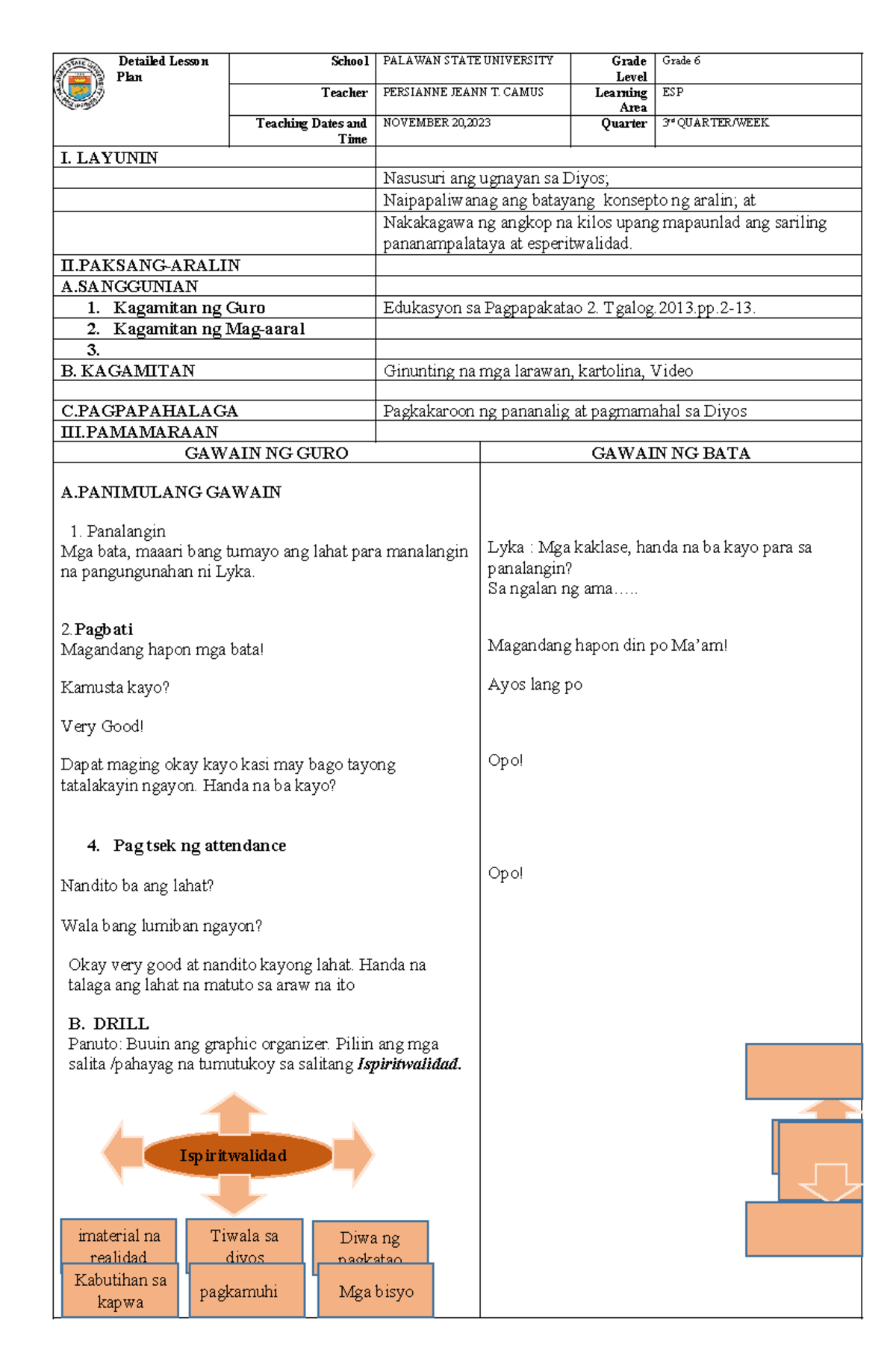 Detailed Lesson Plan for Grade 6 ESP - November 2023 - Studocu