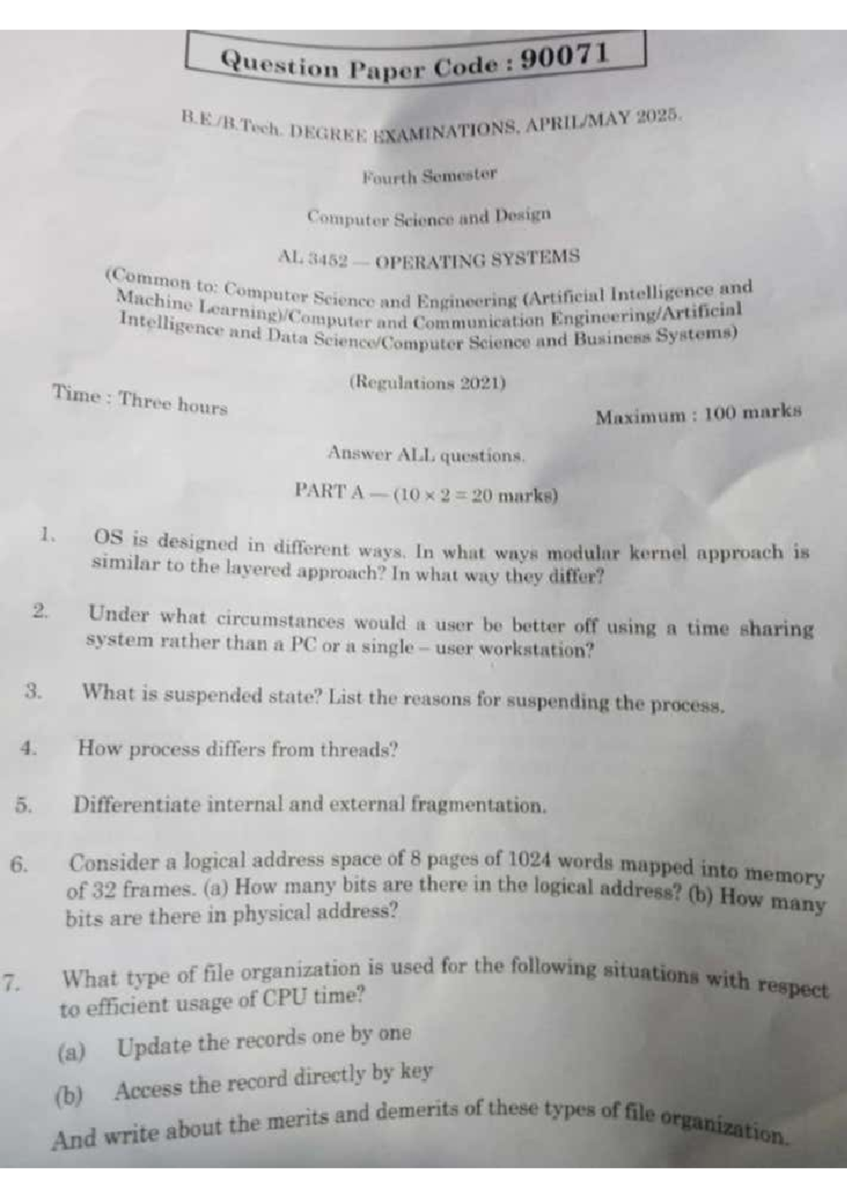 AL3452 Operating Systems Question Paper - Degree Exam 2025 - Studocu