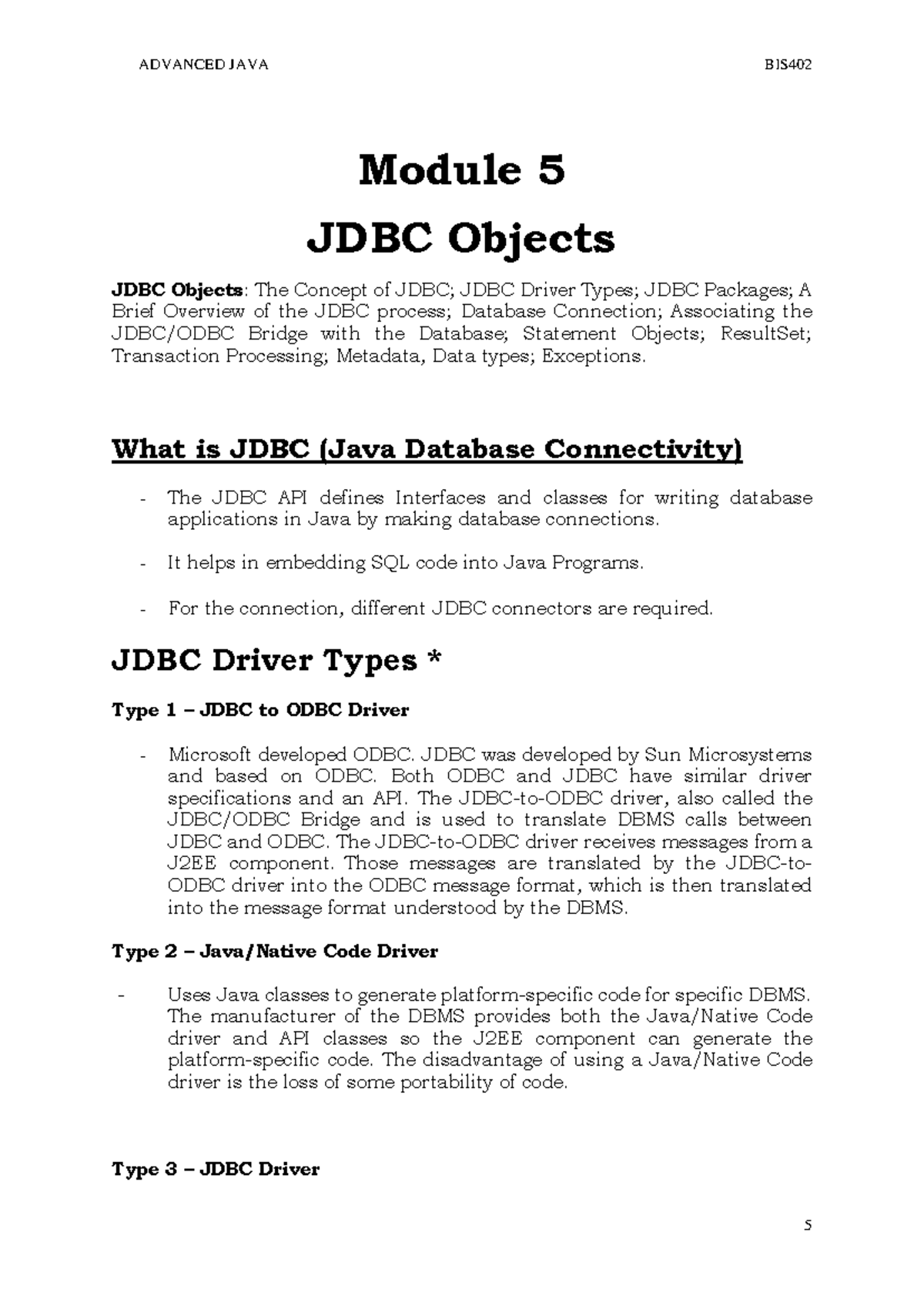 M5 - Advanced Java BIS402: Understanding JDBC Objects and Drivers - Studocu