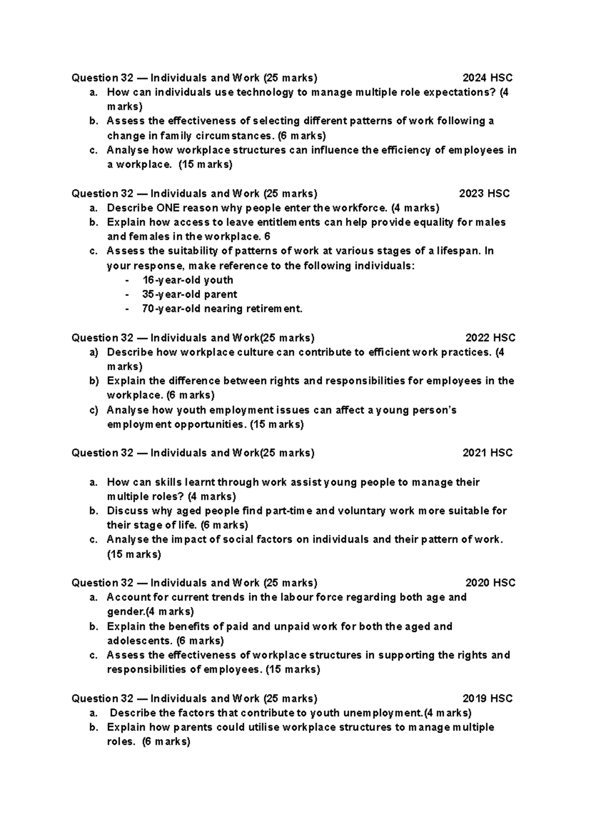 HSC Individuals and Work Questions (2019-2024) Analysis and Assessment ...