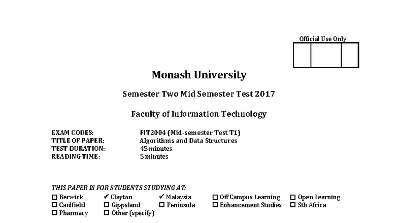 FIT2004 Mid Semester Test 2017: Algorithms and Data Structures Exam ...