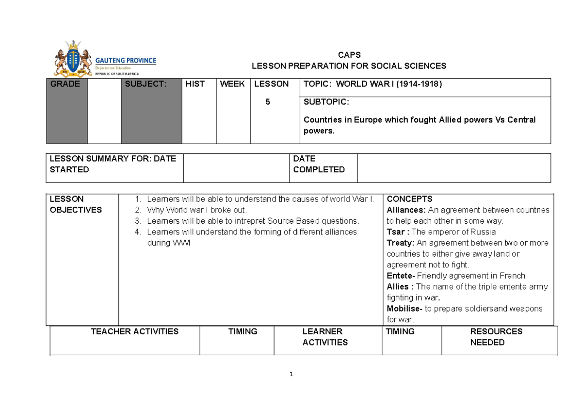 CAPS LESSON 5 PREP: WWI - Allied vs Central Powers in History - Studocu