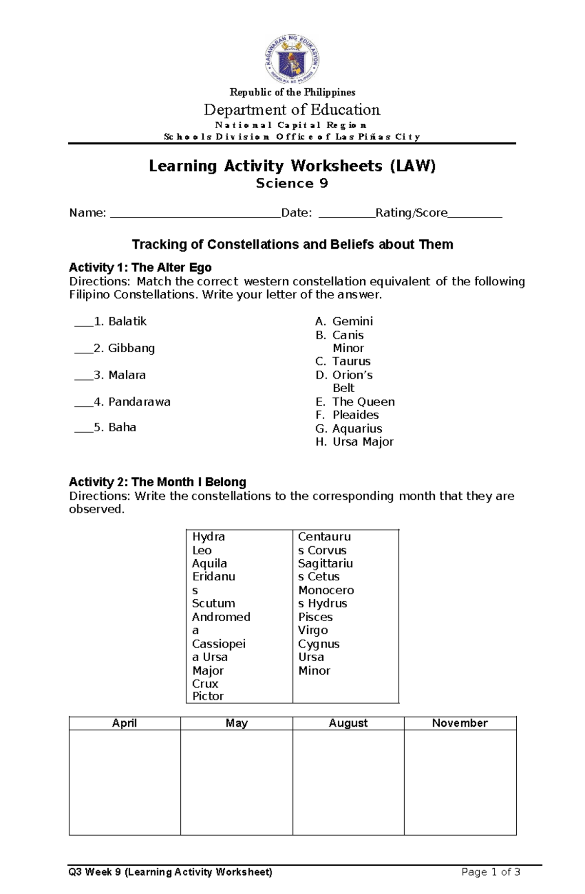 Q3 LAW Science 9 Week 9 - Constellations Activity Worksheet - Studocu
