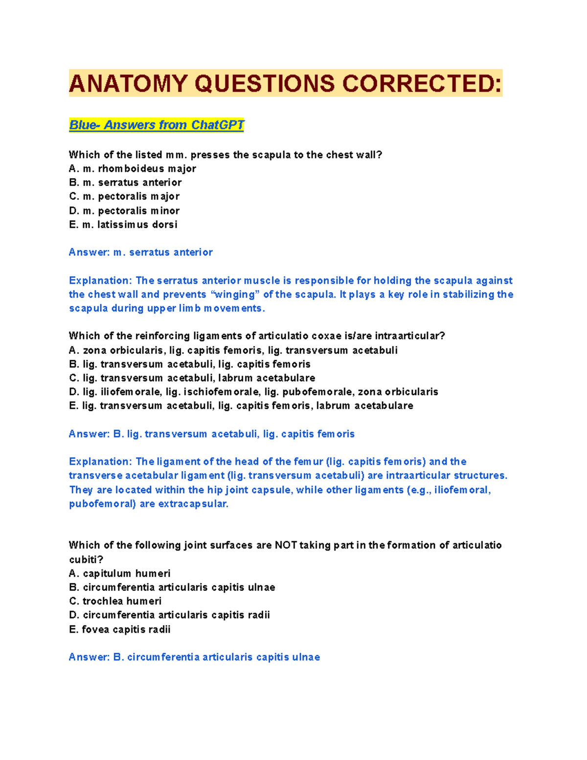 Anatomy A-Exam: Corrected Question Bank & Answers - Studocu