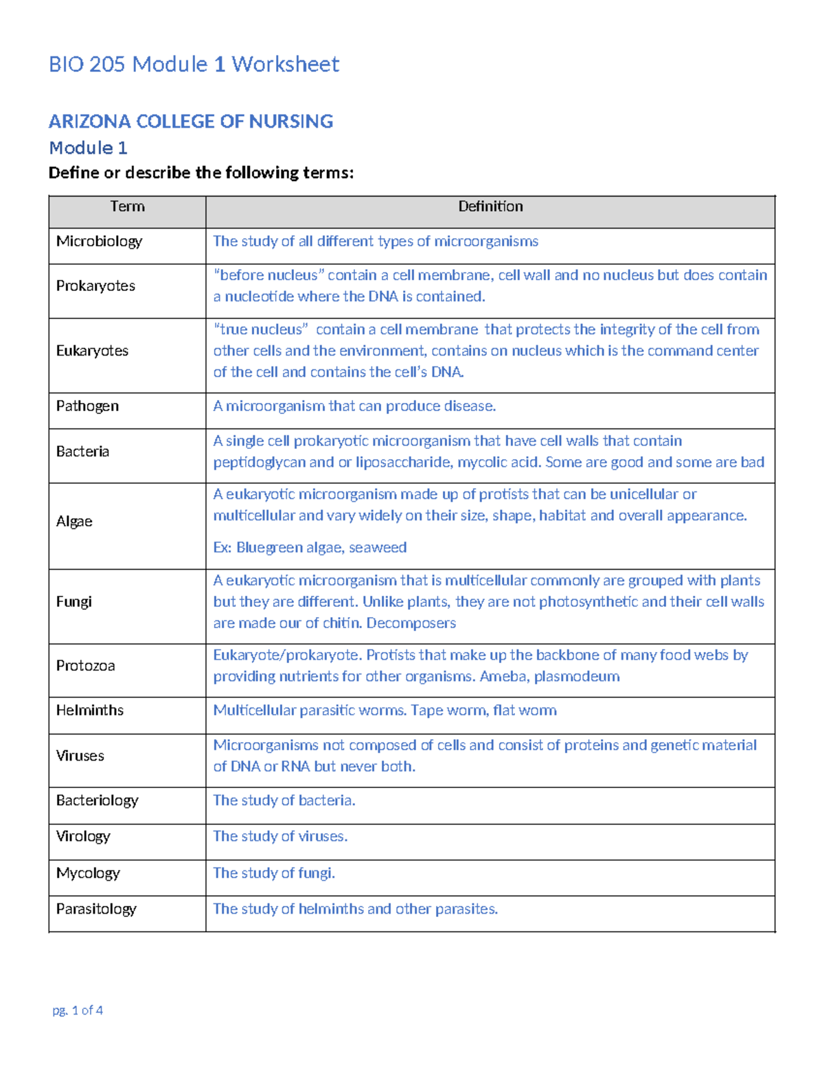 BIO 205 Module 1 Microbiology and Cell Structures Worksheet - Studocu