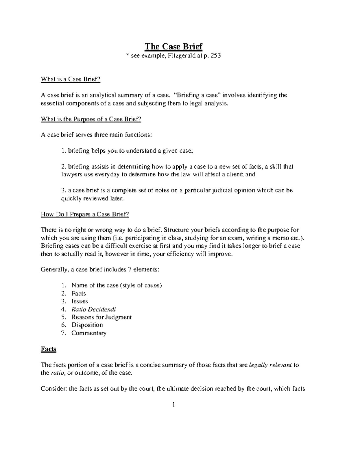 Jmcgill case brief handout - 1 The Case Brief see example, Fitzgerald ...