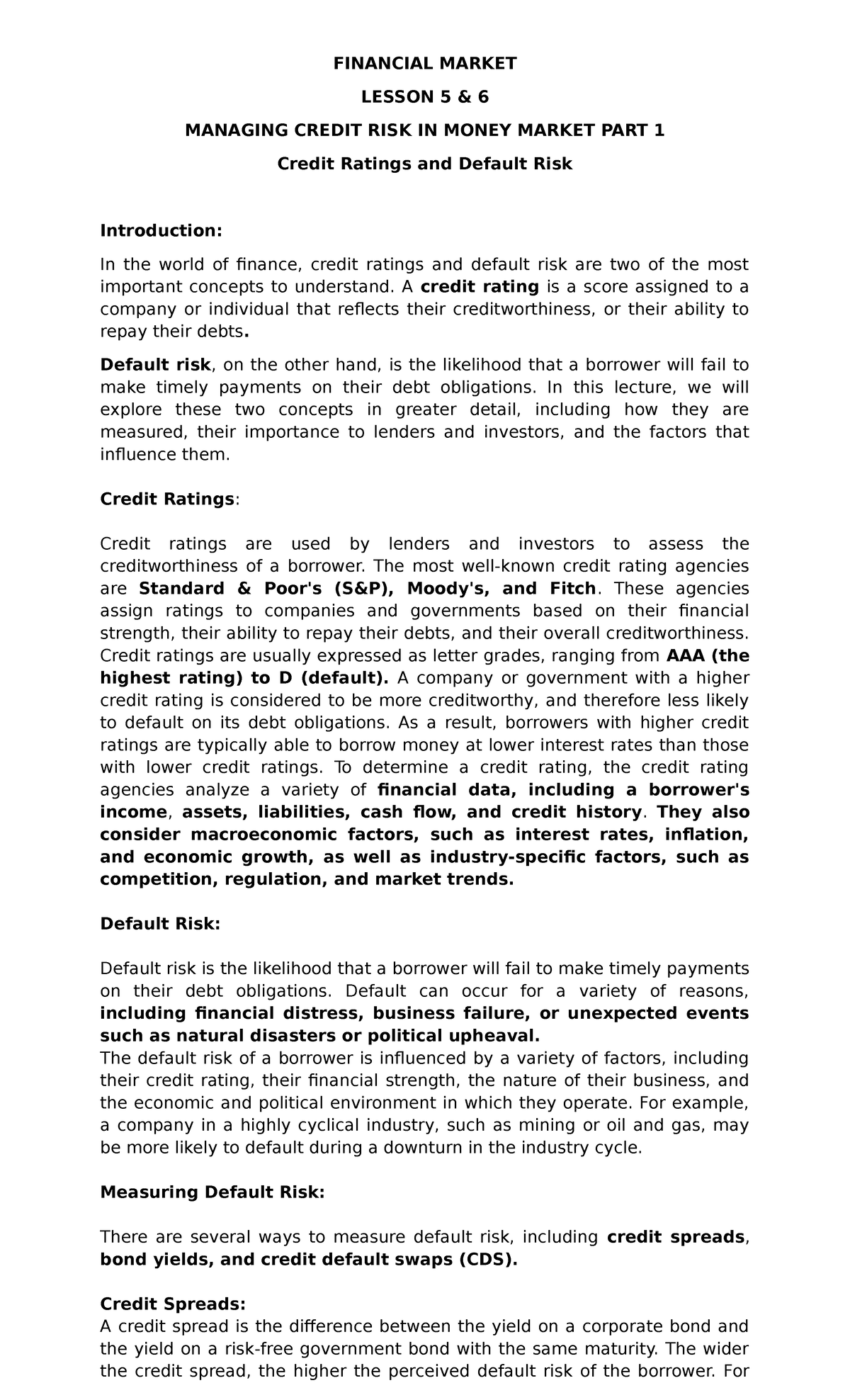 FIN 101: Lesson 5-6 on Managing Credit Risk in Money Markets - Studocu