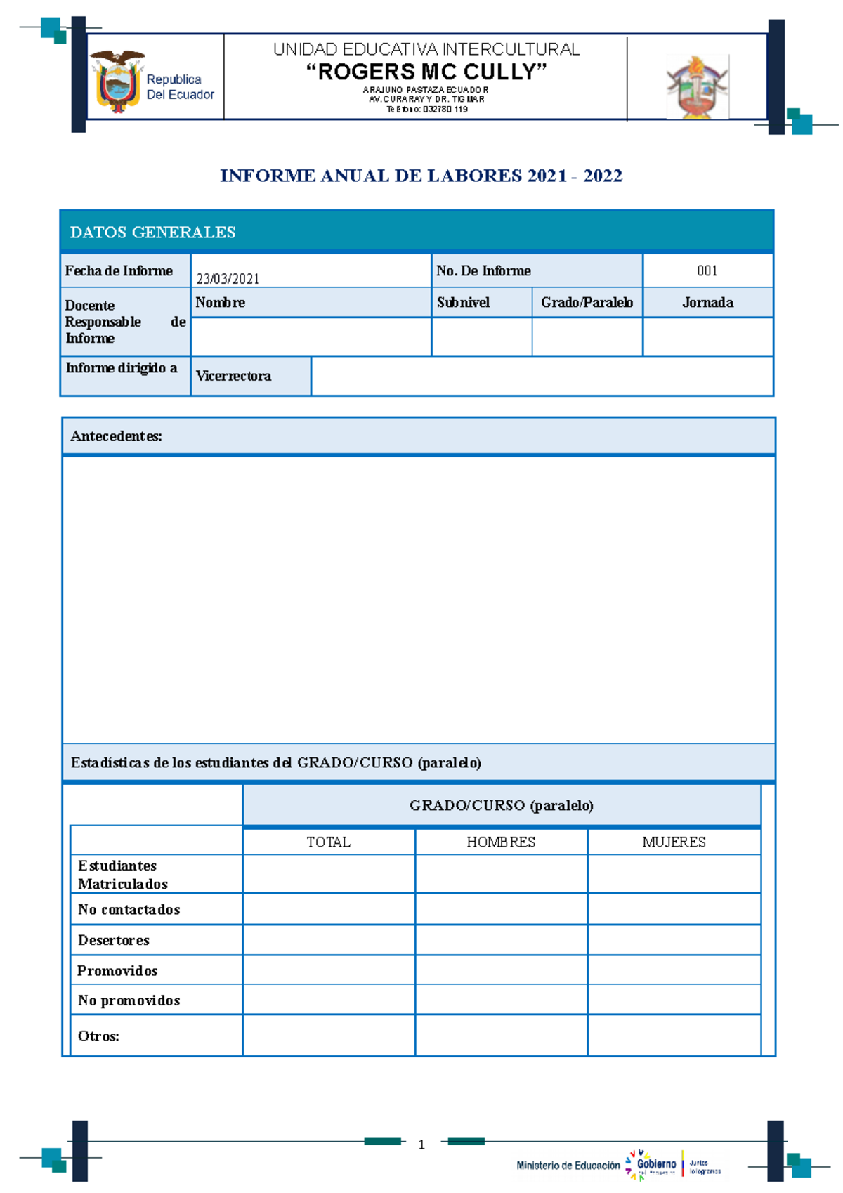Formato informe anual de labores del tutor - INFORME ANUAL DE LABORES 2021 - 2022 DATOS ...