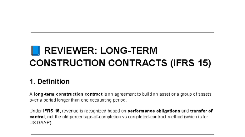 REVIEWER: LONG-TERM CONSTRUCTION CONTRACTS (IFRS 15) - Studocu