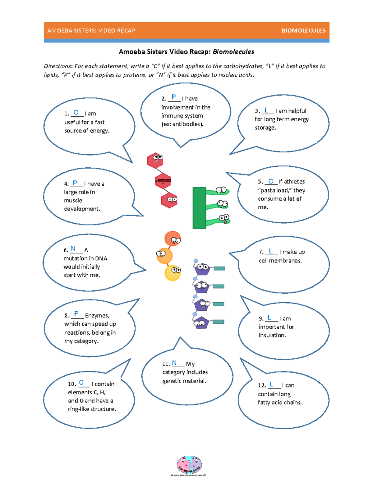 Amoeba Sisters Biomolecules Worksheet: Video Recap Activities - Studocu
