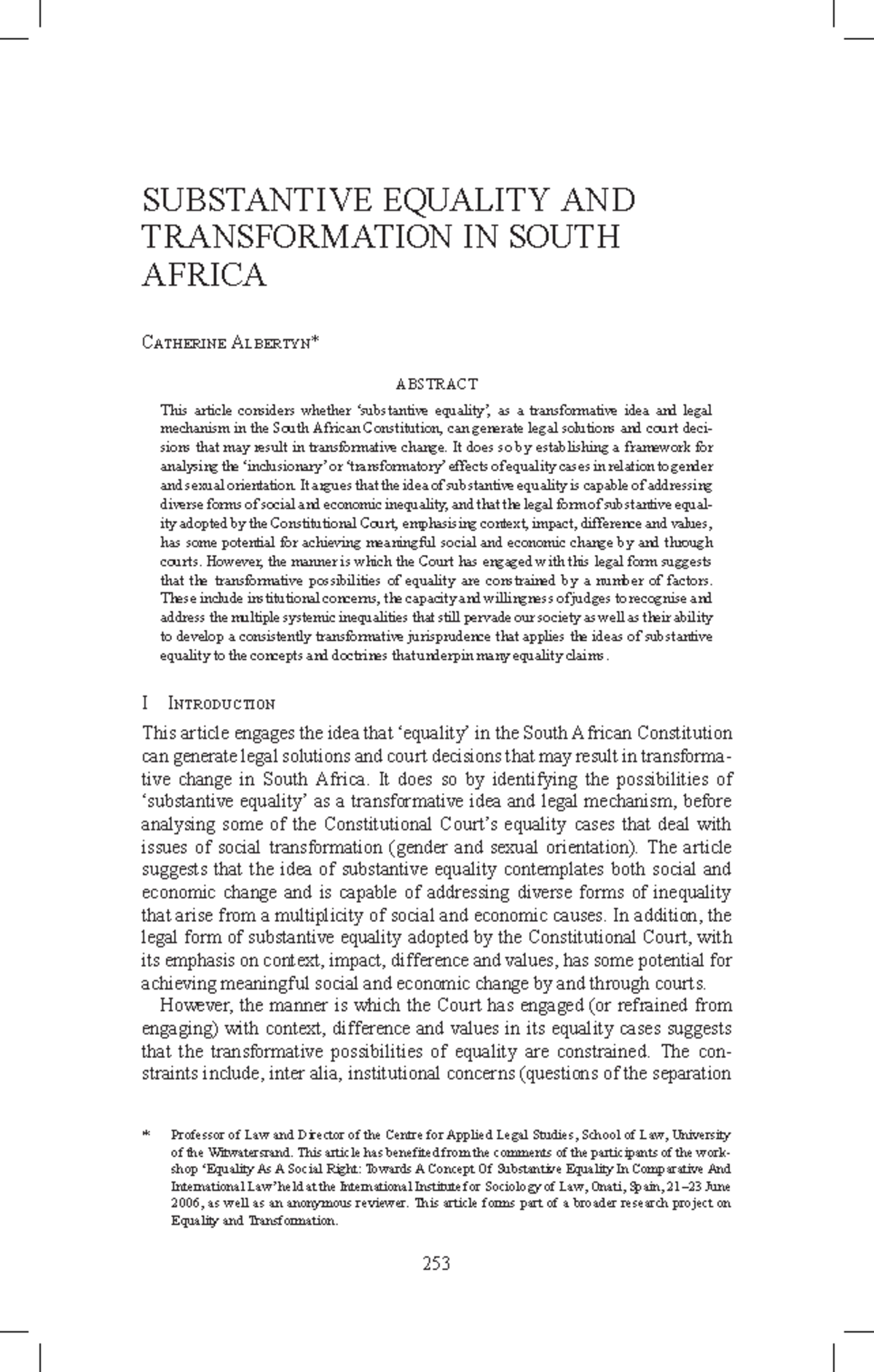 Substantive Equality and Transformation in South Africa - SAJHR 2007 ...