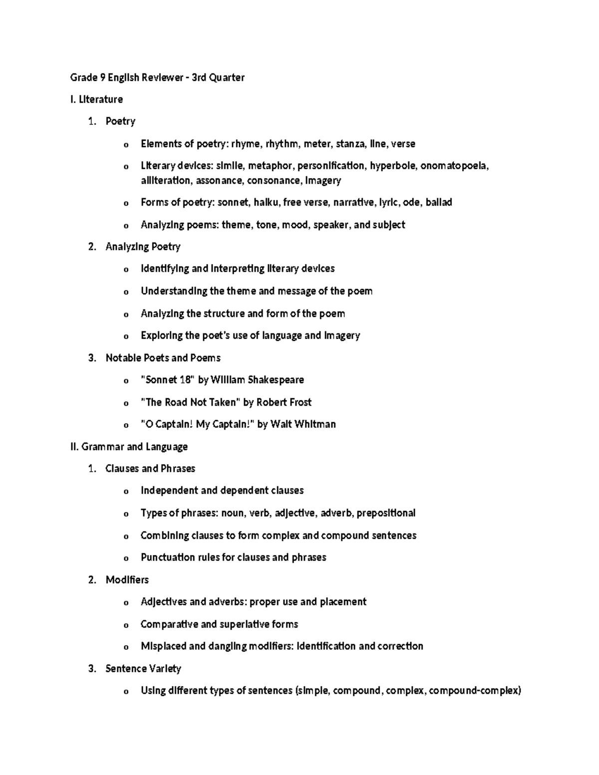 Grade 9 English 3rd Quarter Review: Literature, Grammar & Writing Tips ...