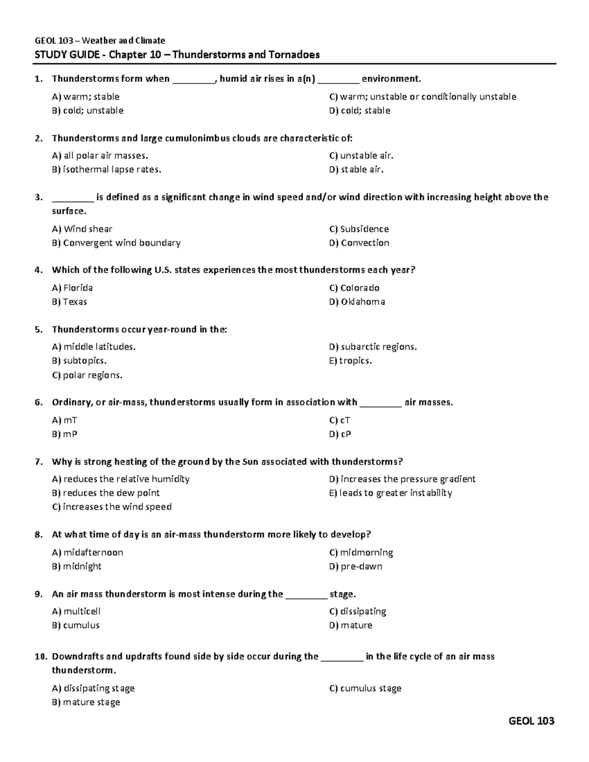 GEOL 103 - Chapter 10 Study Guide: Thunderstorms & Tornadoes - Studocu