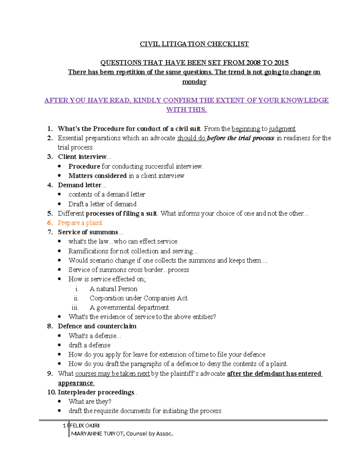 CIVIL LITIGATION CHECKLIST: Key Procedures & Considerations (2008-2015 ...
