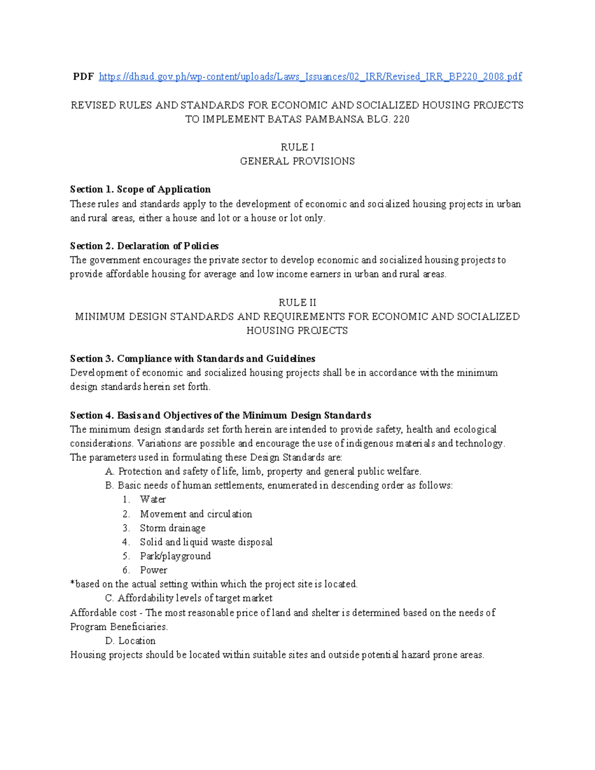 Summary of Revised Rules for Economic & Socialized Housing (BP 220) - Studocu