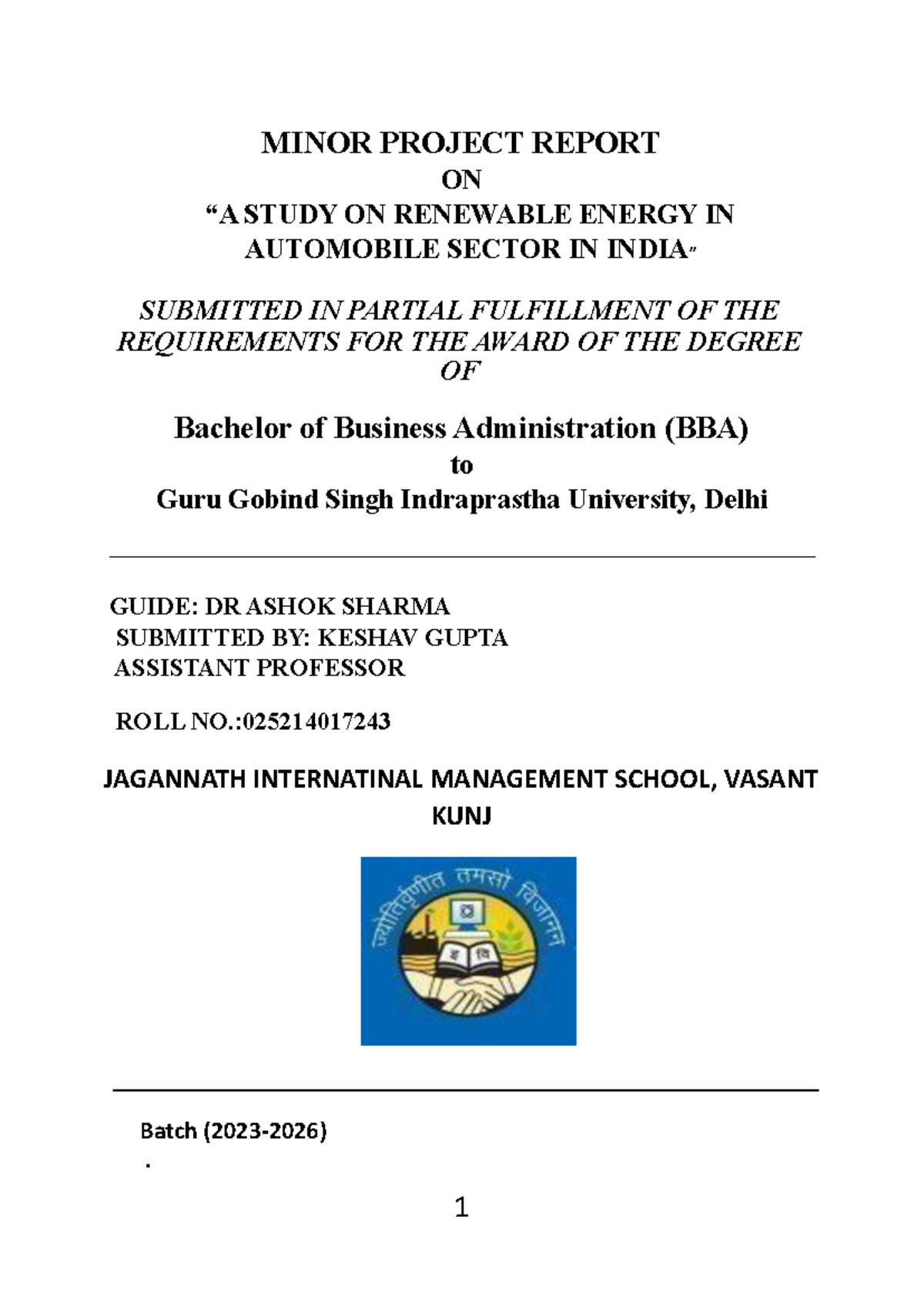 BBA Minor Project: Renewable Energy in India's Automobile Sector - Studocu
