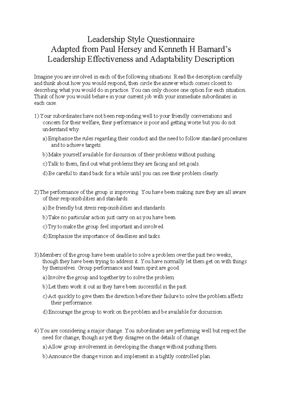 Leadership Style Questionnaire: Analyzing Your Approach (11b BLf H ...