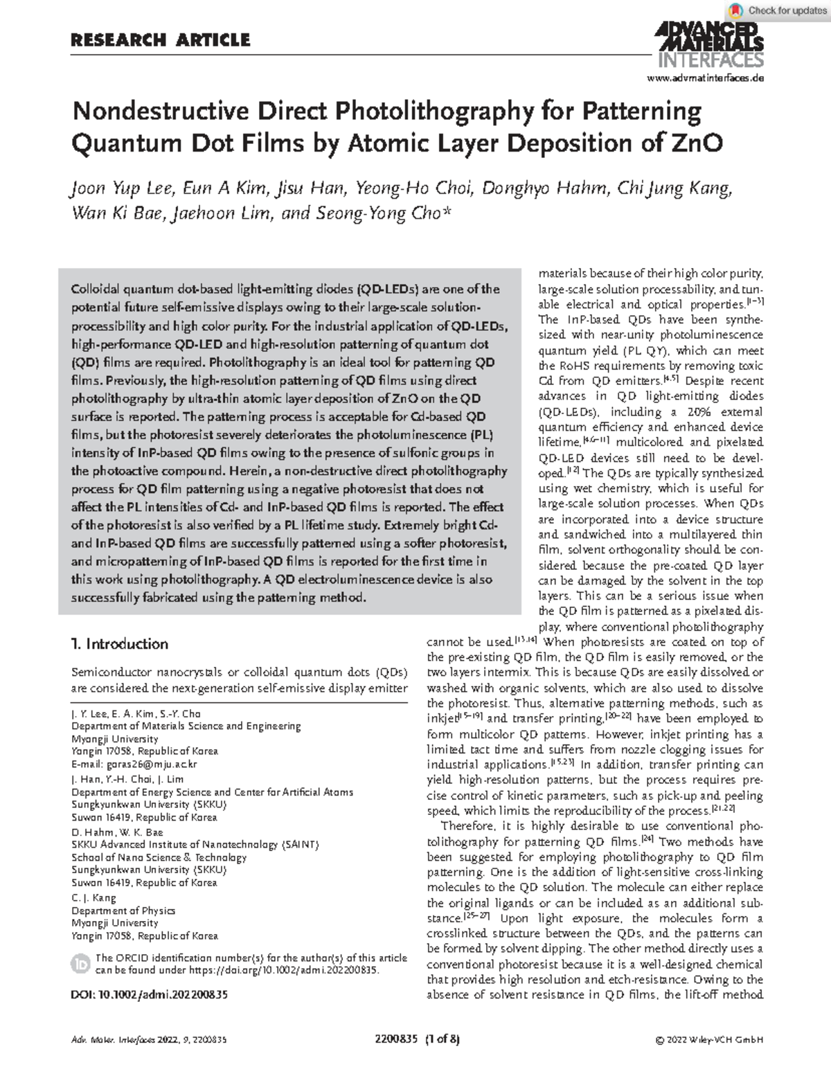 Adv. Mater. Interfaces 2022: Nondestructive Photolithography for QD ...