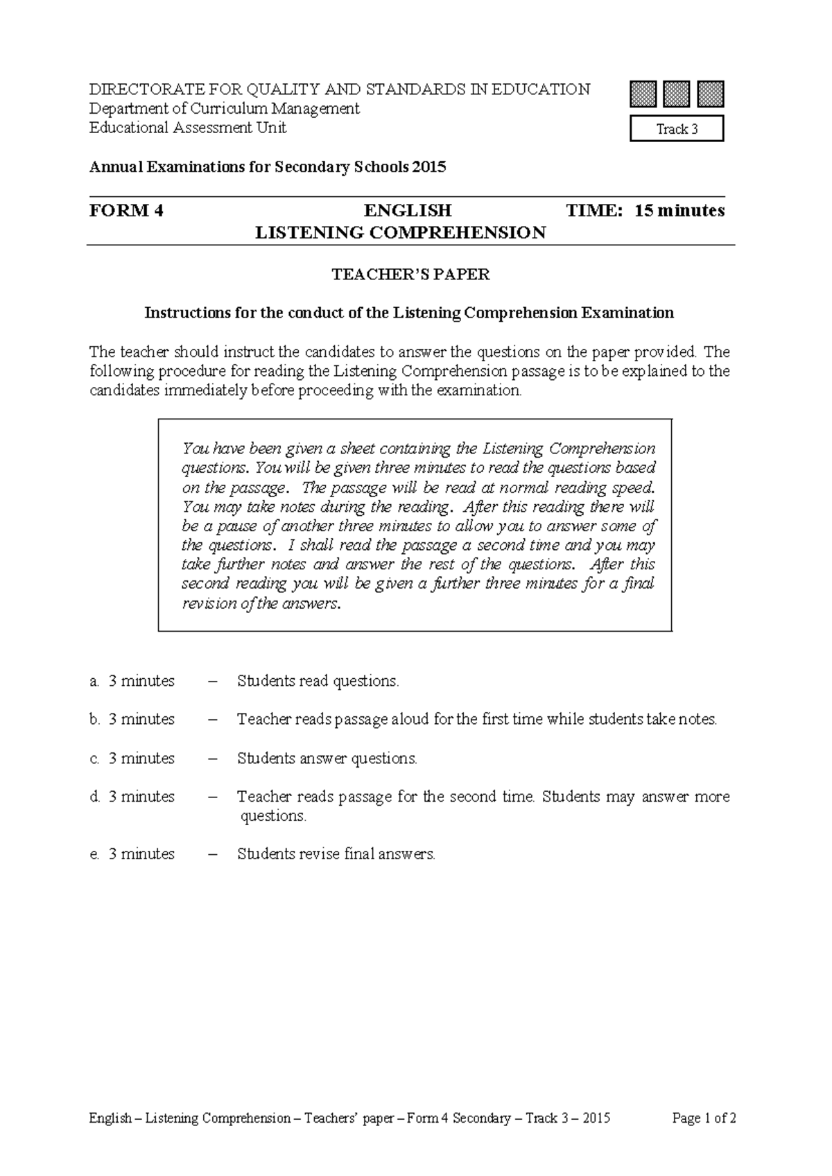 Form 4 English Listening Comprehension Teacher's Paper - Track 3 - Studocu