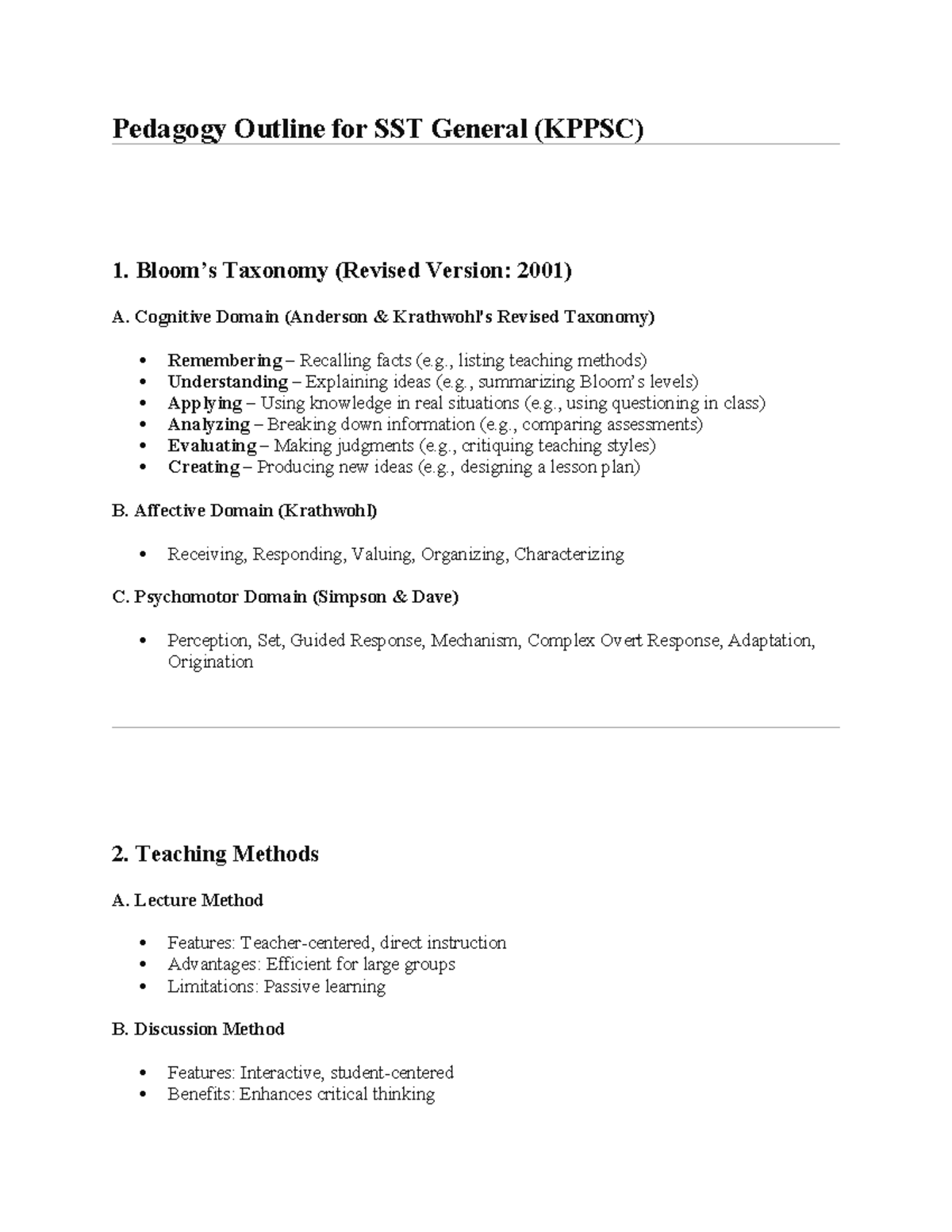 Pedagogy Outline for SST General (KPPSC): Key Concepts and Methods ...