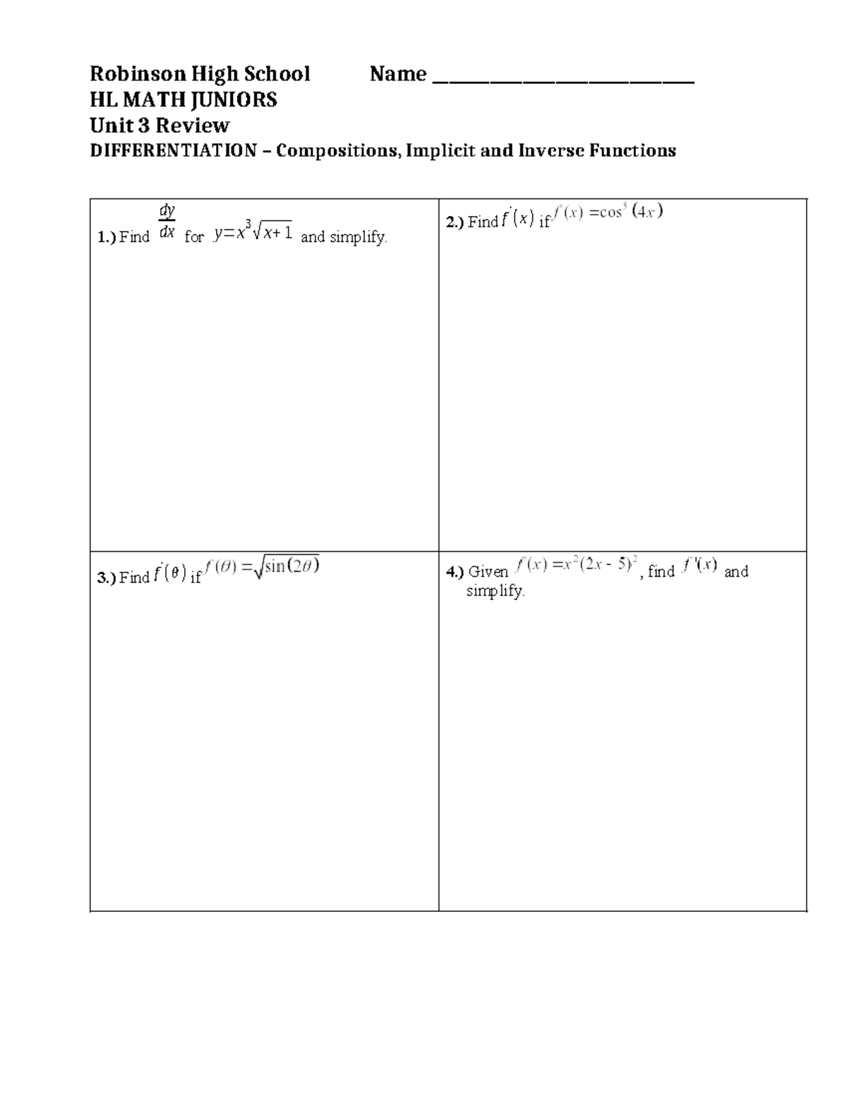 Unit 3 (Topics 3.1-3.6) Review - Robinson High School Name