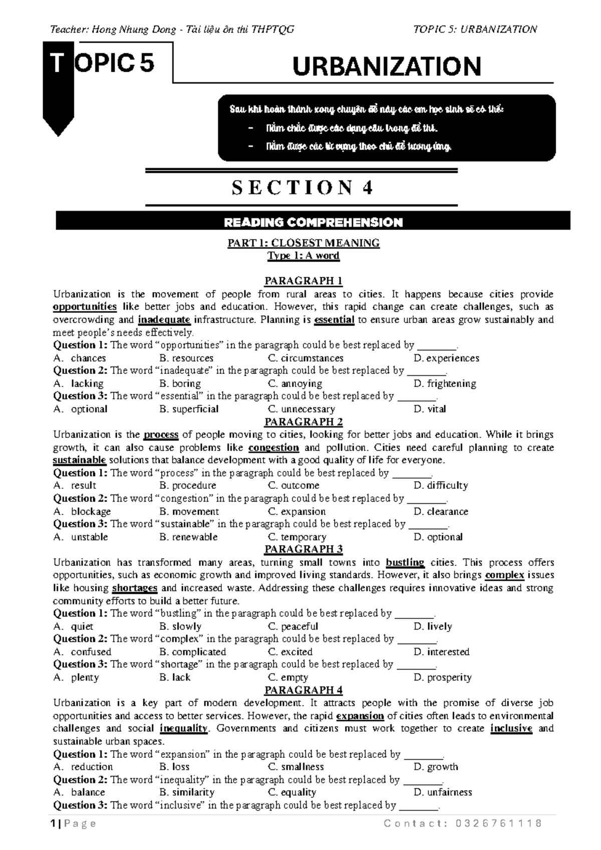 THPTQG - Topic 5: Urbanization - Section 4 Exam Preparation Notes - Studocu