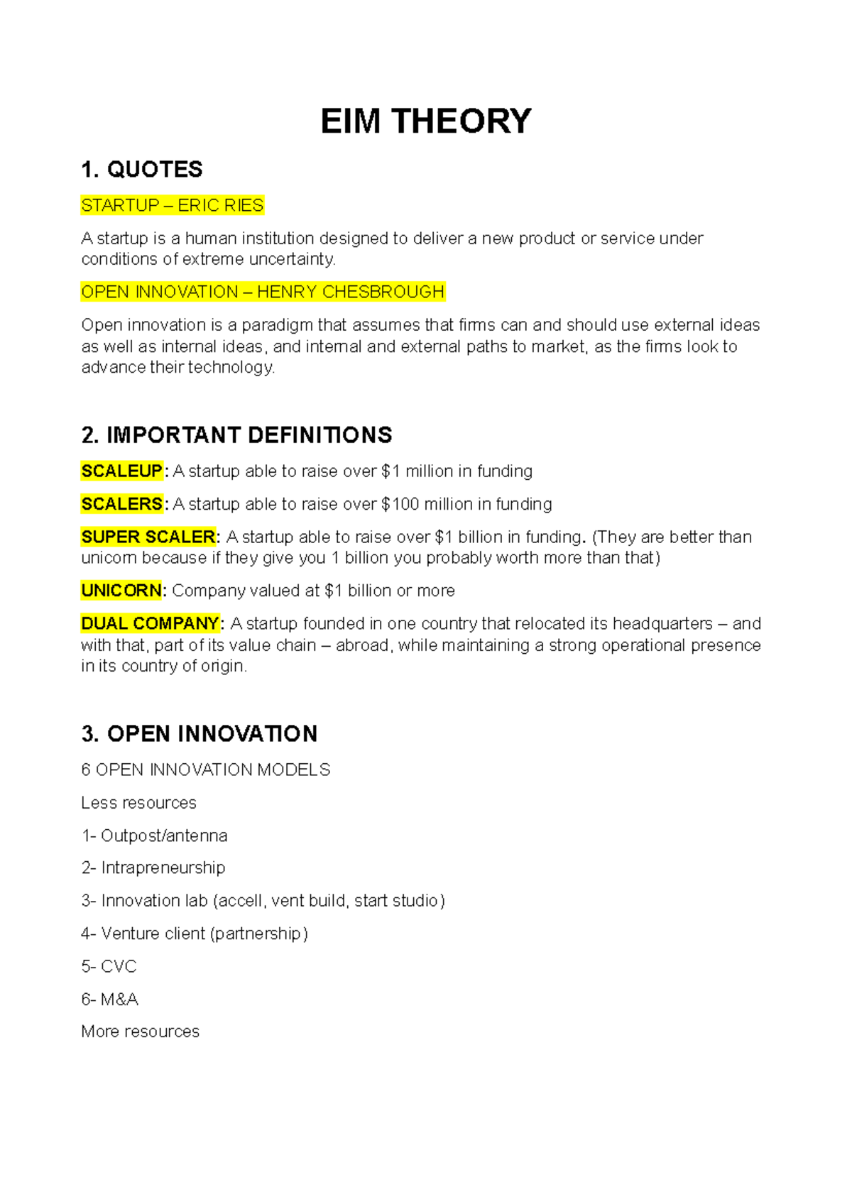 EIM THEORY 1: Key Concepts and Definitions for Startup Success - Studocu