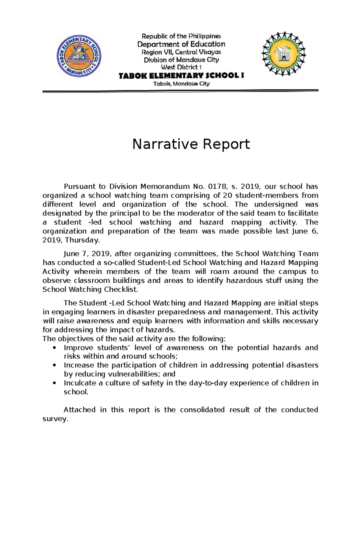 Narrative Report on School Watching & Hazard Mapping Activity 2019 ...