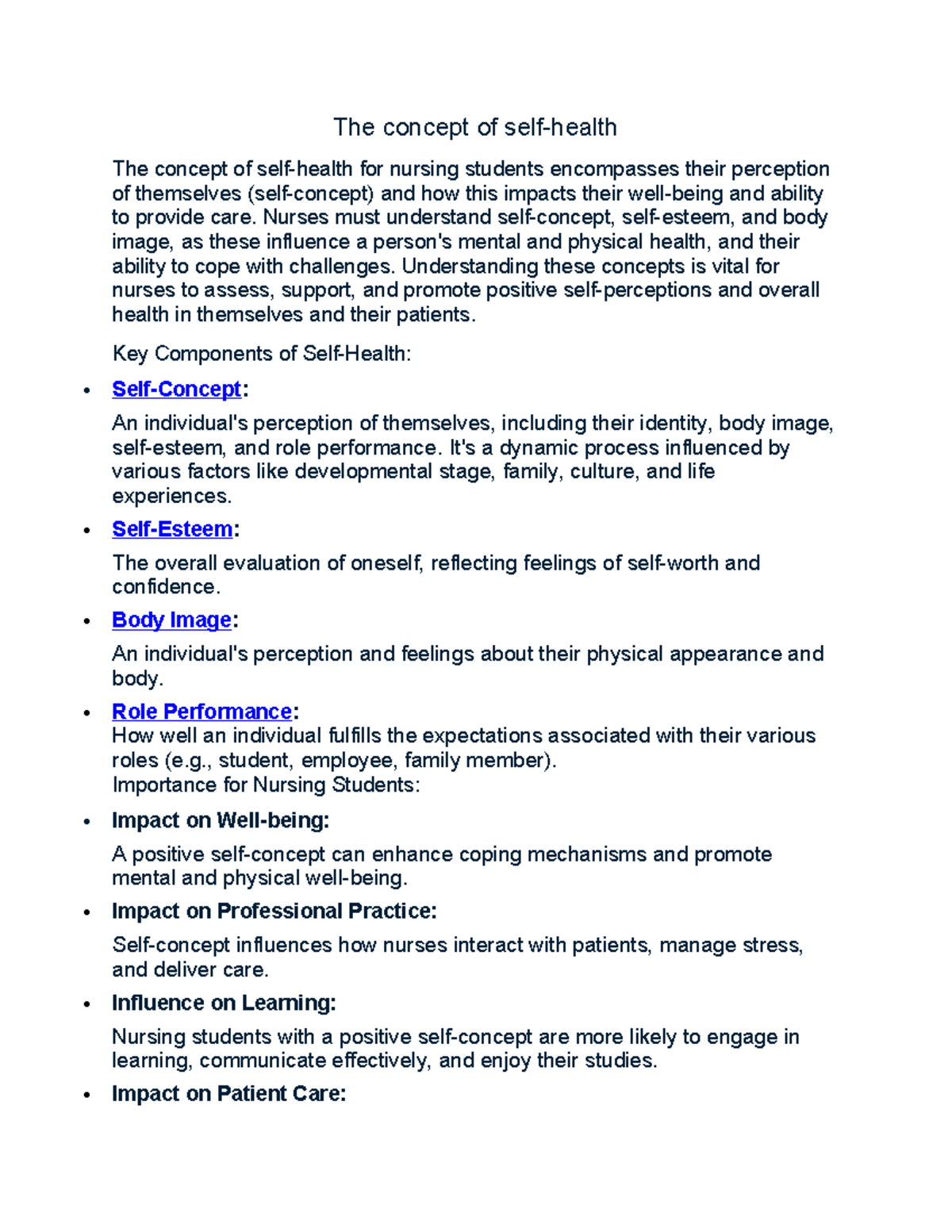 Concept of Self-Health for Nursing Students: Impact on Care and ...