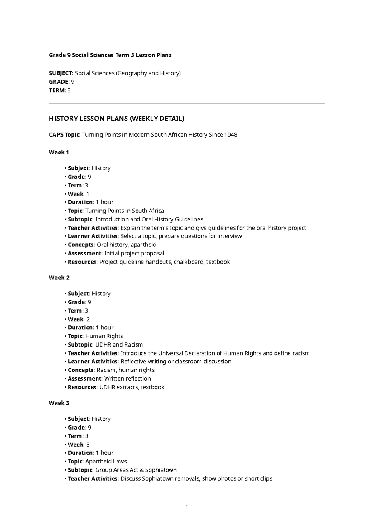 Grade 9 Social Sciences Term 3 History Lesson Plans - Studocu