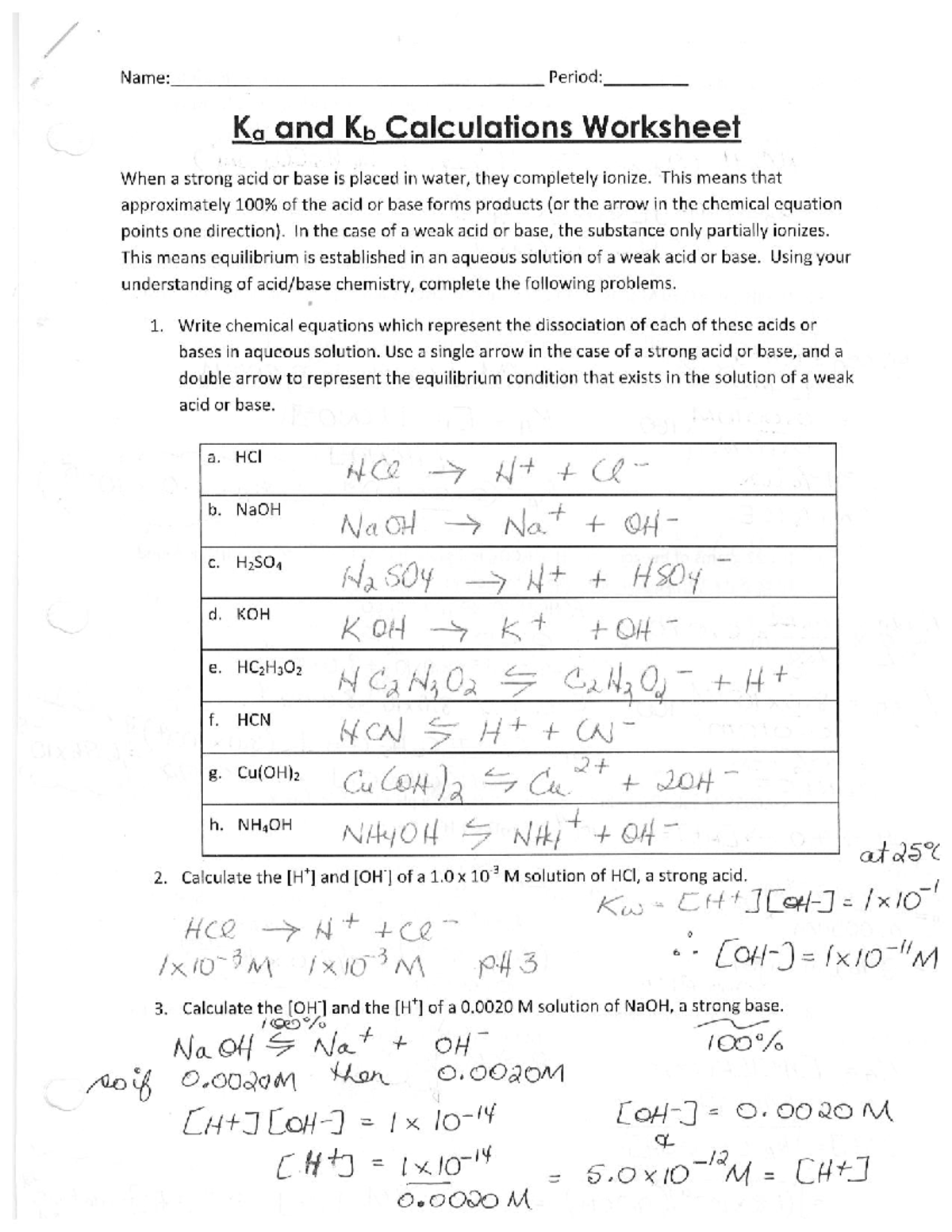 Ka and Kb Calculations Worksheet – Answer Key (Final Exam) - Studocu