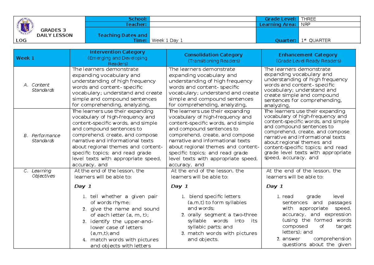 LOG GRADES 3 DAILY LESSON Week 1: NRP 1st Quarter Activities and ...