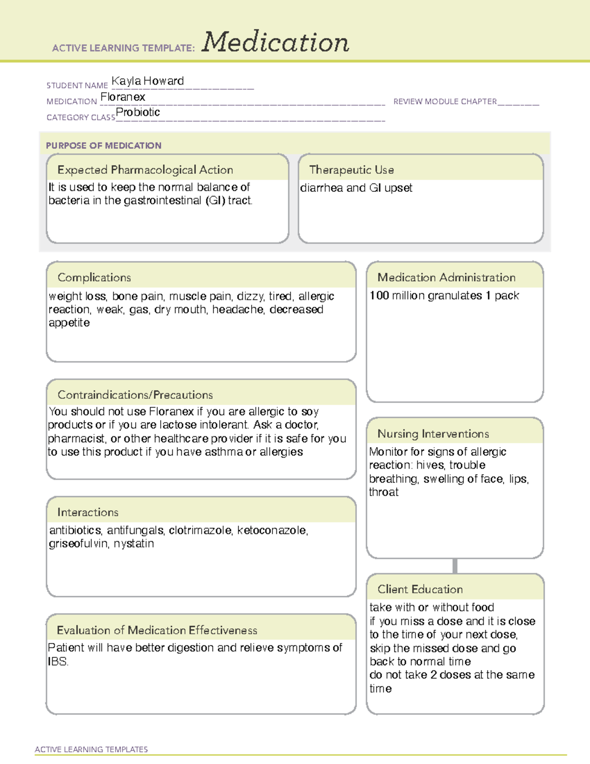 Floranex Medication Review Sheet - Active Learning Template - Studocu