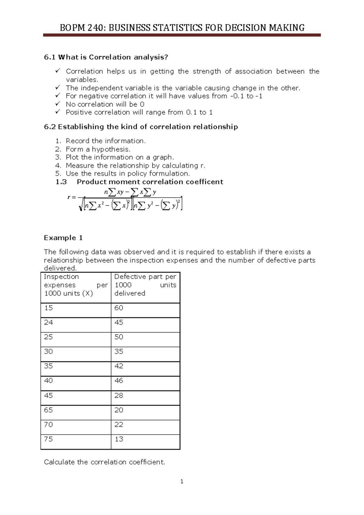 BOPM 240: Business Statistics - Correlation Analysis Overview - Studocu