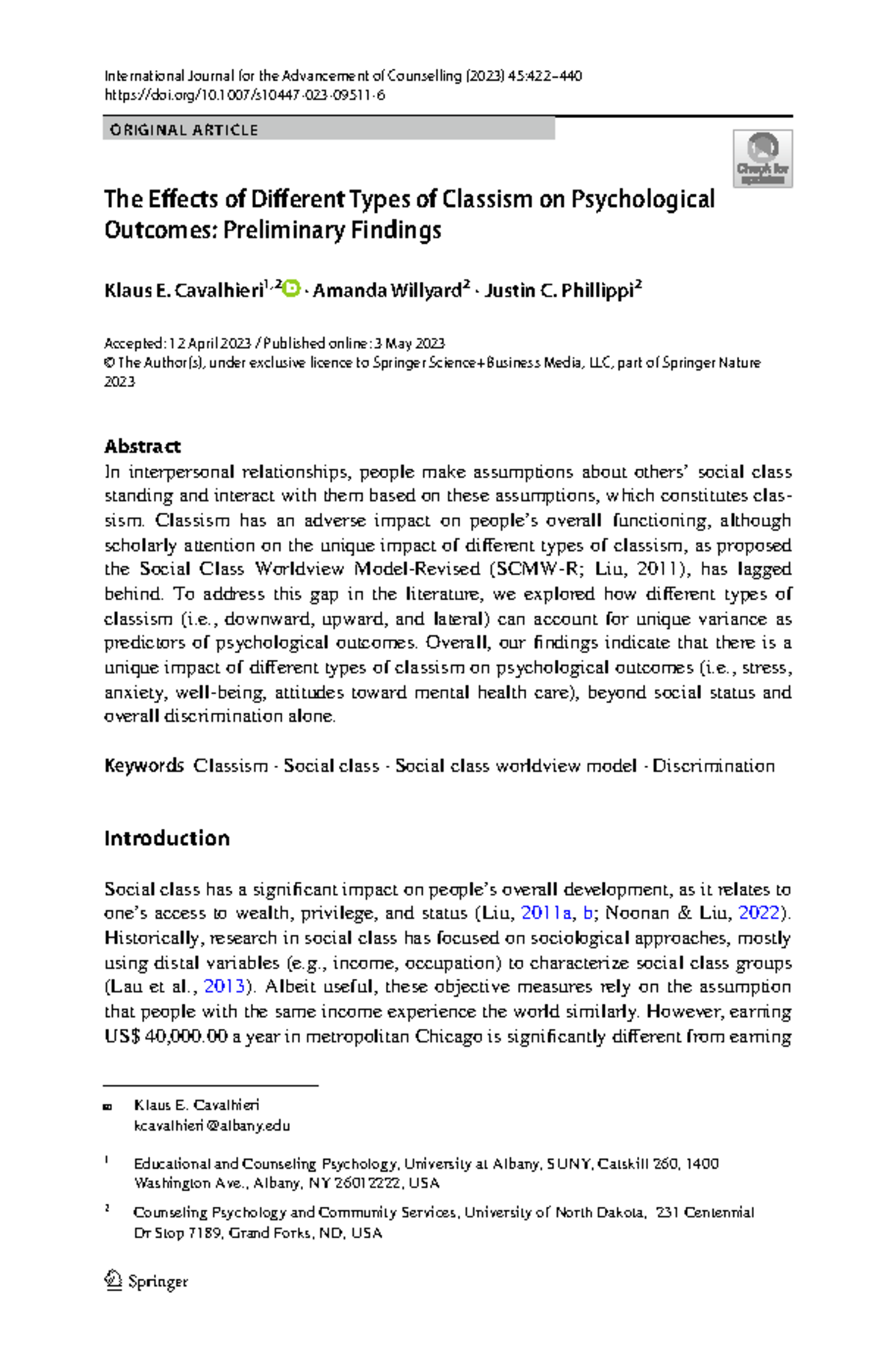The Effects of Classism on Psychological Outcomes: A Study (2023) - Studocu