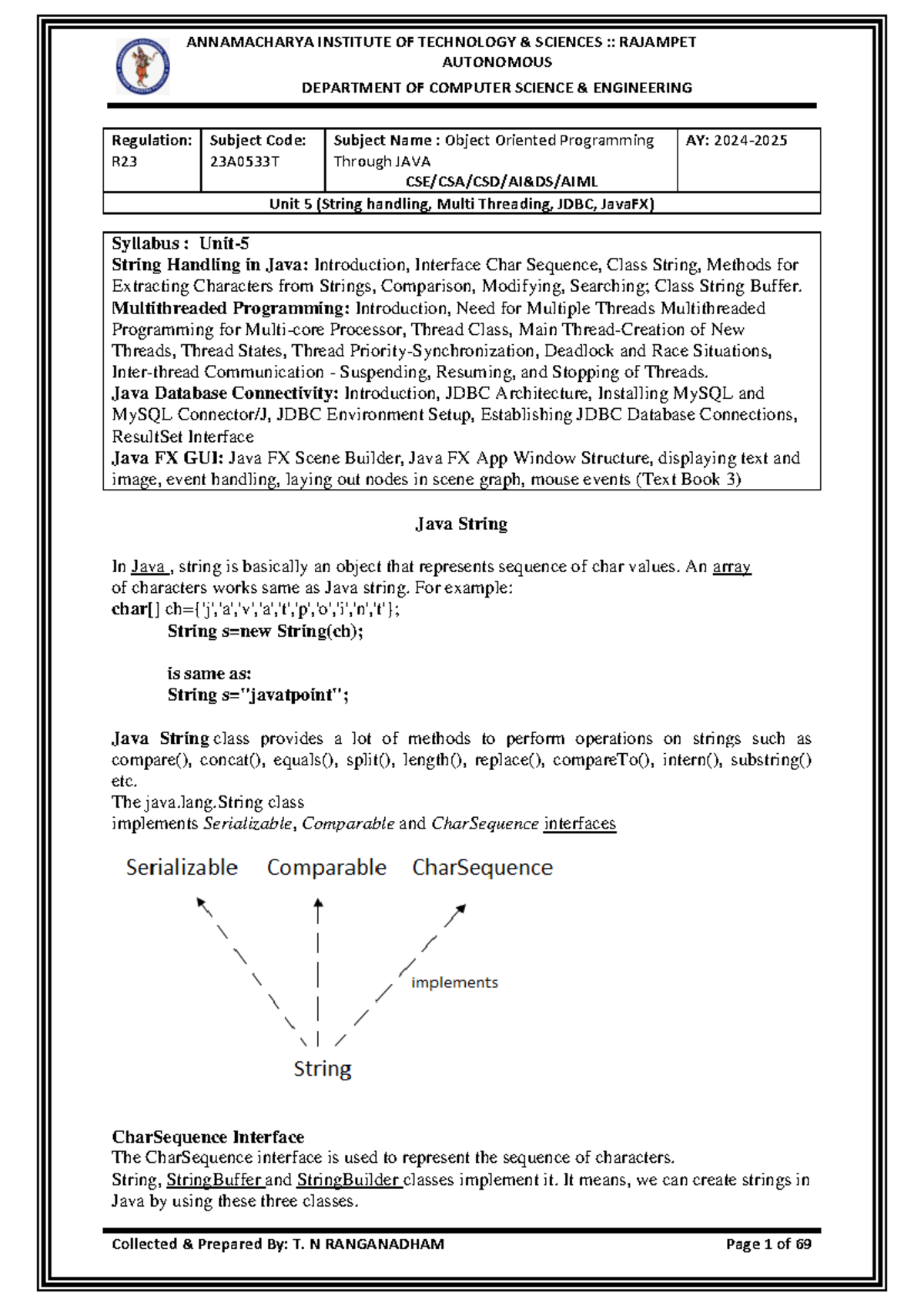 **R23 Object Oriented Programming Unit 5: Java String, Threads & JDBC** - Studocu