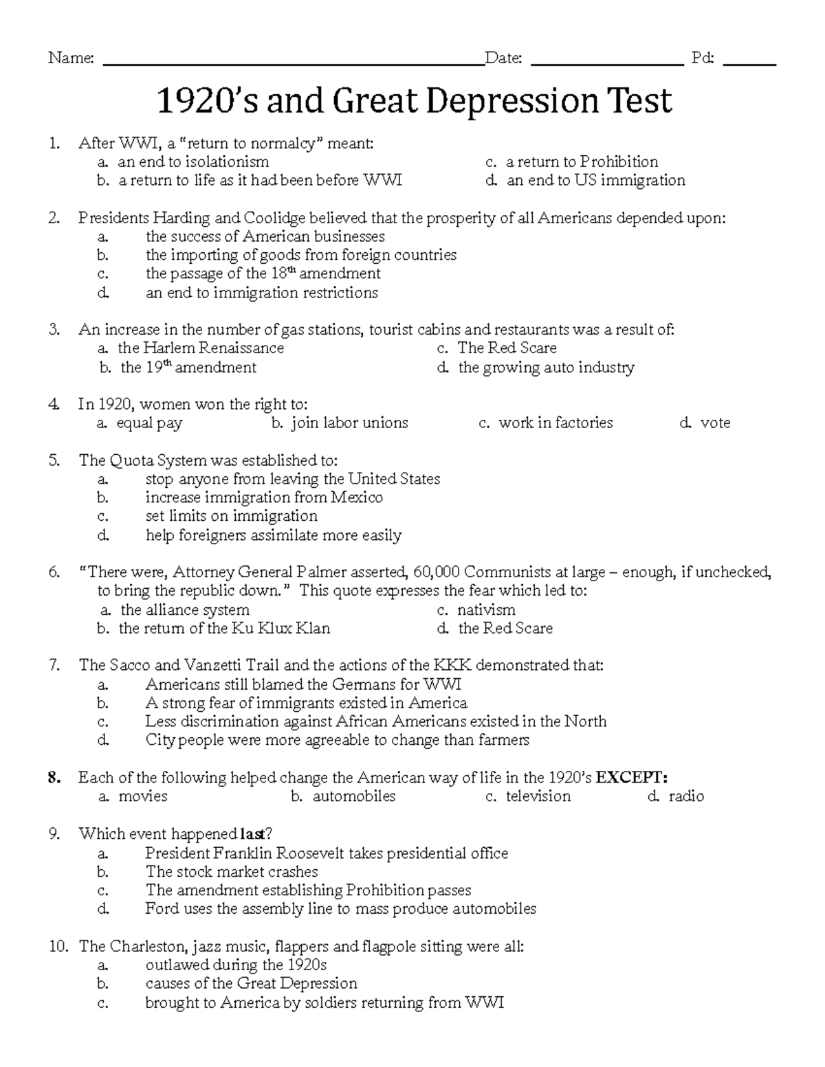 Roaring 20s & Great Depression Assessment Test (with Answer Key) - Studocu