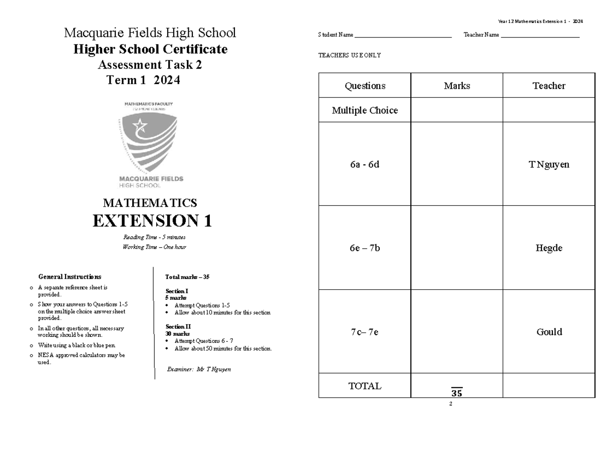 Year 12 Mathematics Extension 1 HSC Assessment Task 2 Term 1 2024 - Studocu
