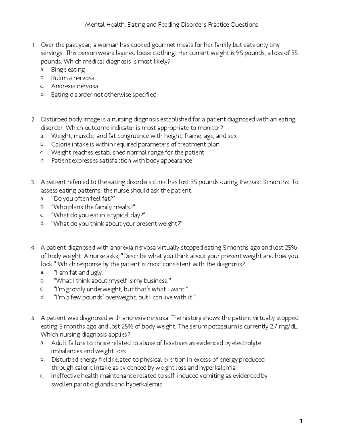 MH QB - Eating Disorders Practice Questions and Nursing Diagnoses - Studocu