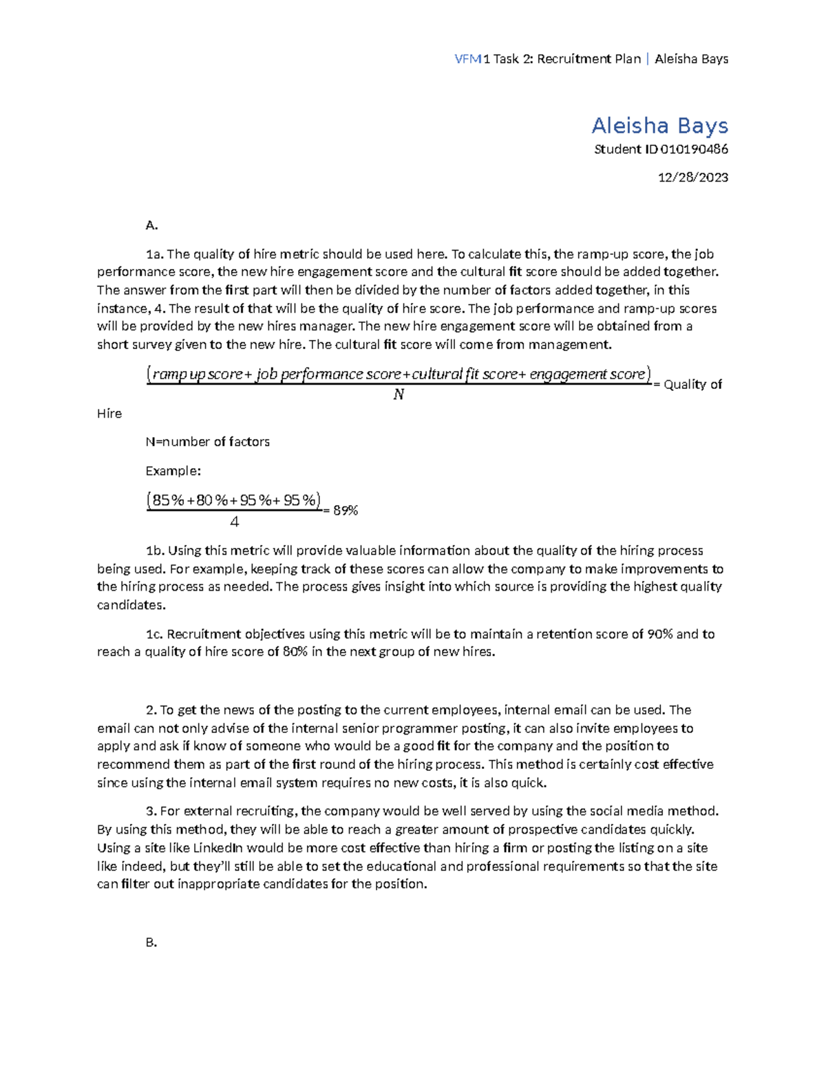 VFM1 Task 2: Recruitment Plan and Quality of Hire Metrics - Studocu